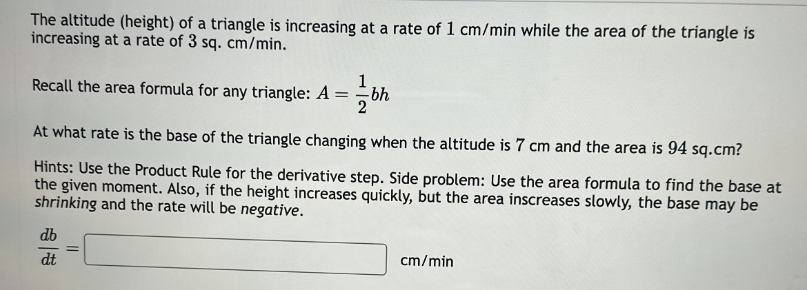 Solved The altitude (height) ﻿of a triangle is increasing at | Chegg.com