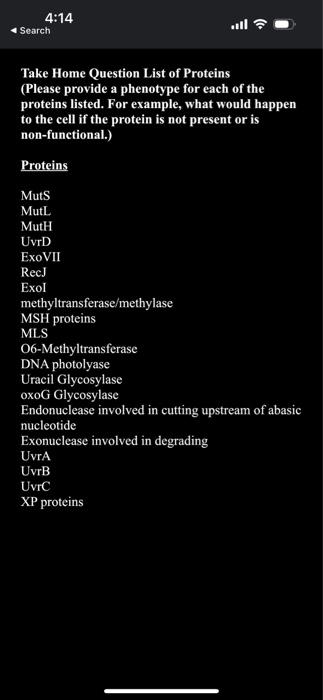Solved 4 Search 4:14 Take Home Question List of Proteins | Chegg.com