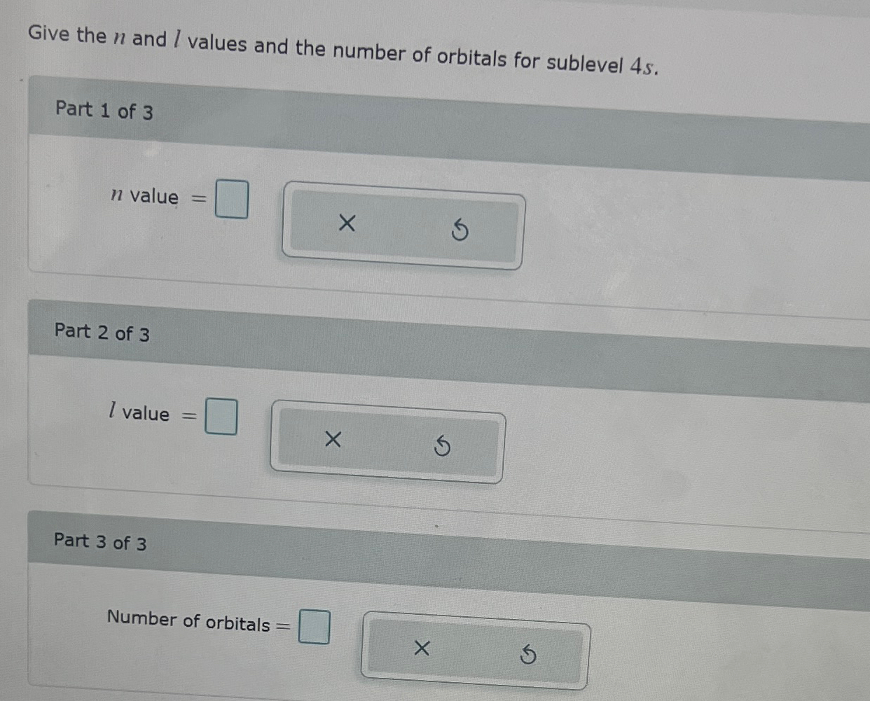 Solved Give the n ﻿and l ﻿values and the number of orbitals | Chegg.com