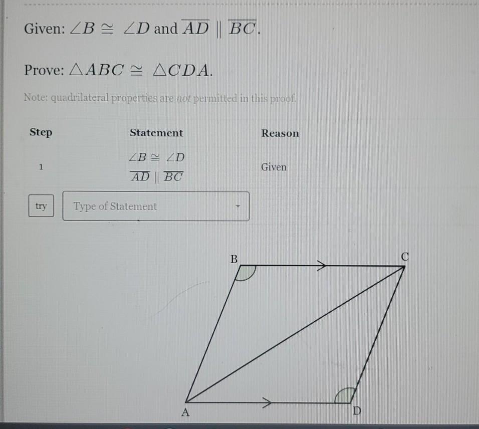 Solved Given: ZBZD and AD BC. Prove: AABC - ACDA. Note: | Chegg.com