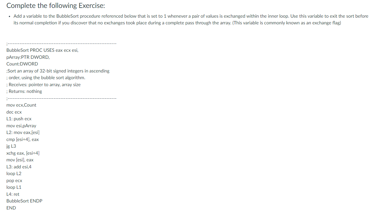 Solved Complete the following Exercise in Assembly language | Chegg.com