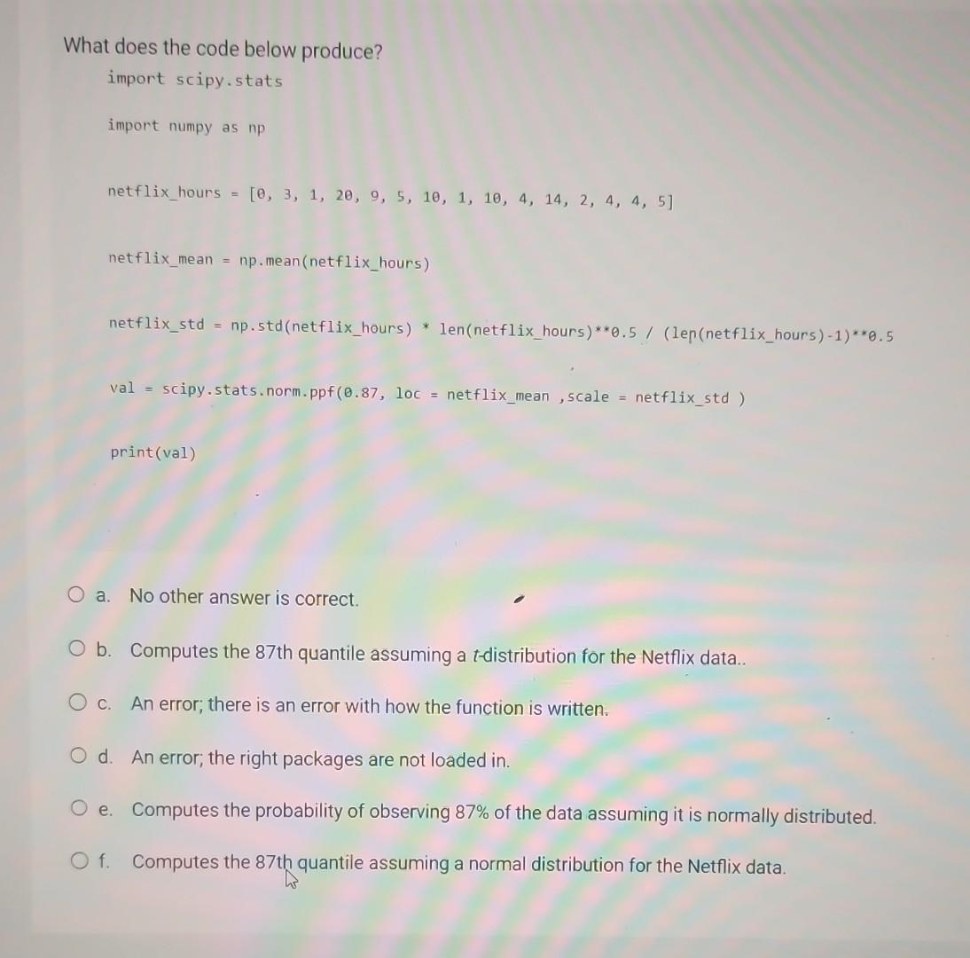 Solved What does the code below produce? import scipy.stats | Chegg.com