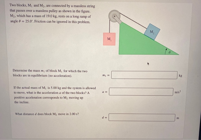 Solved Two blocks, M, and M2, are connected by a massless | Chegg.com