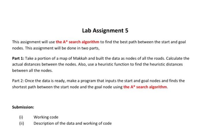 Lab Assignment 5 This assignment will use the A* | Chegg.com