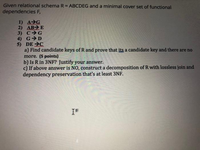 Solved Given relational schema R= ABCDEG and a minimal cover | Chegg.com