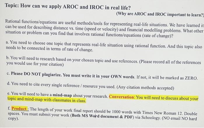 Solved Topic: How can we apply AROC and IROC in real life? | Chegg.com