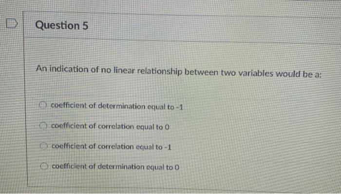 Solved Question 5 An indication of no linear relationship | Chegg.com