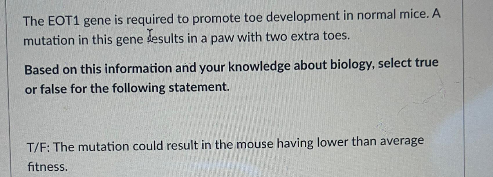 Solved The EOT1 ﻿gene is required to promote toe development | Chegg.com