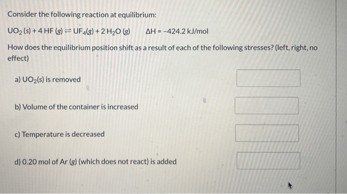 Solved Consider the following reaction at equilibrium: UO2 | Chegg.com