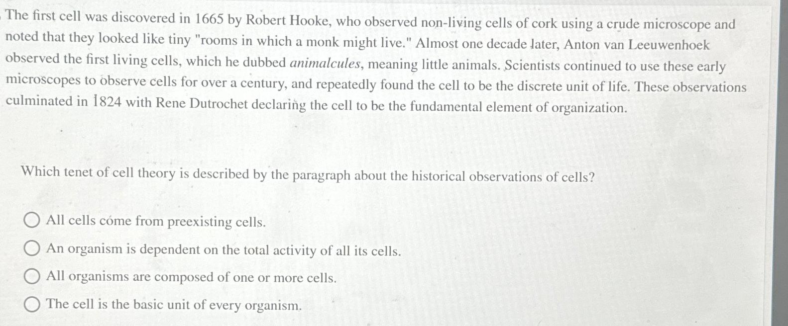 Solved The first cell was discovered in 1665 ﻿by Robert | Chegg.com