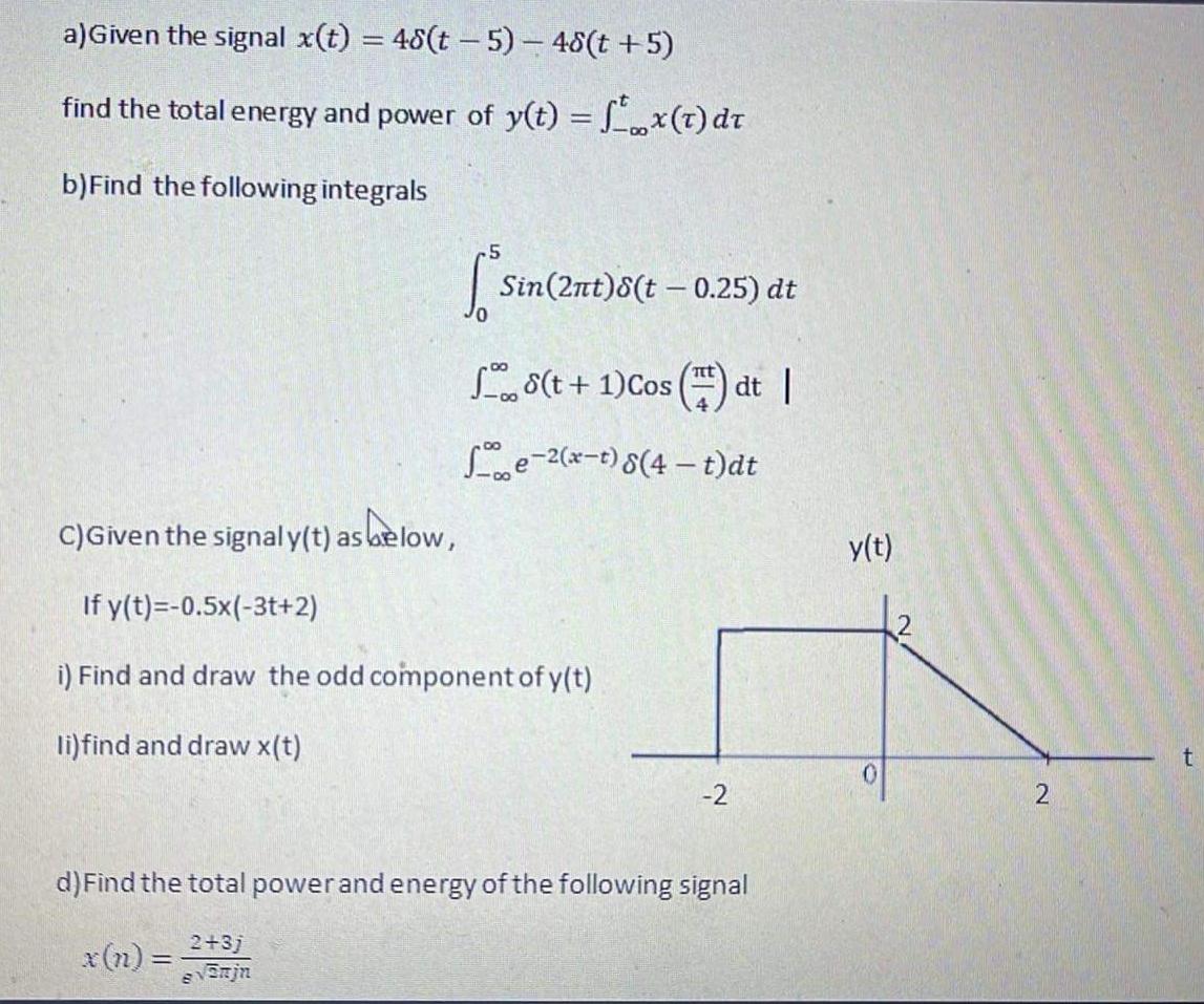 Solved a) ﻿Given the signal x(t)=4δ(t-5)-4δ(t+5)find the | Chegg.com