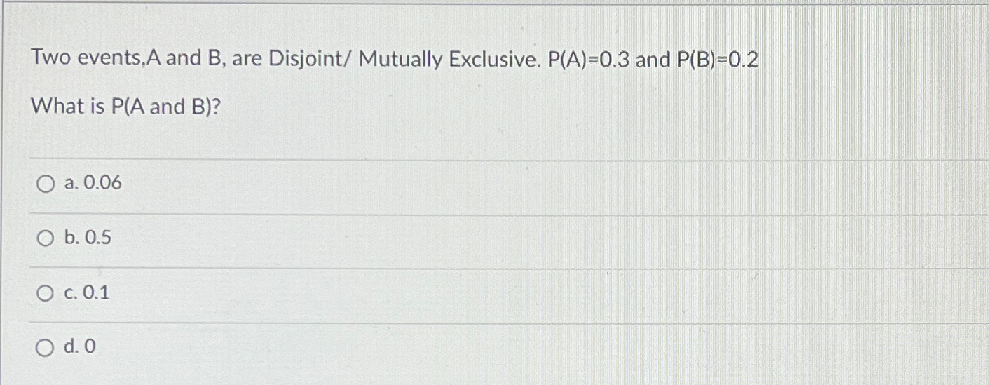 Solved Two events, A and B, ﻿are Disjoint/ ﻿Mutually | Chegg.com