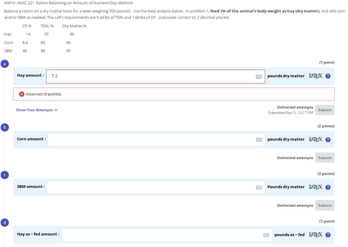 Solved HW10 ﻿ANSC 221 ﻿Ration Balancing on Amount of | Chegg.com