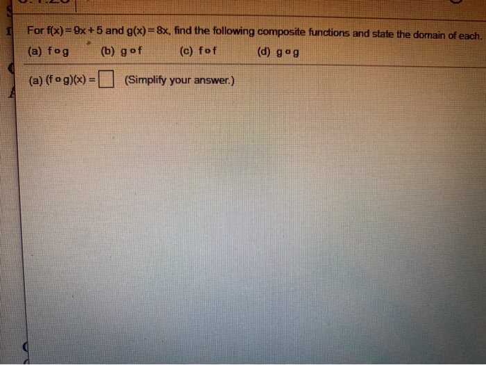 Solved For f(x)=9x+5 and g(x)=8x, find the following | Chegg.com