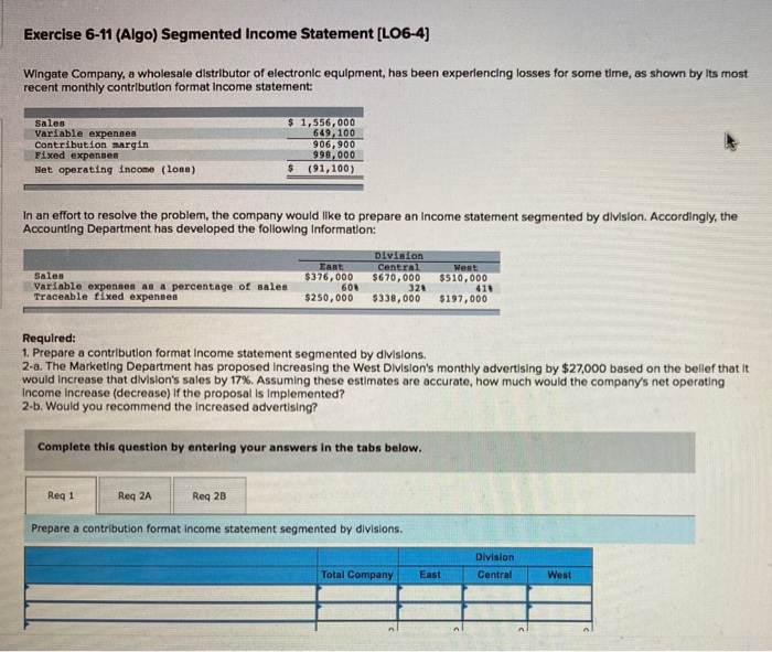 Solved Exercise 6-4 (Algo) Basic Segmented Income Statement | Chegg.com