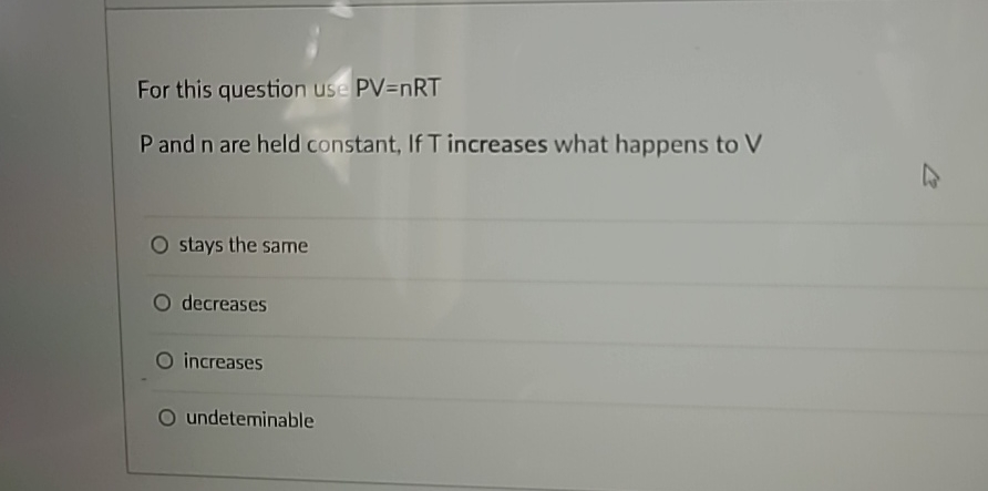 Solved For this question use PV=nRTP ﻿and n ﻿are held | Chegg.com