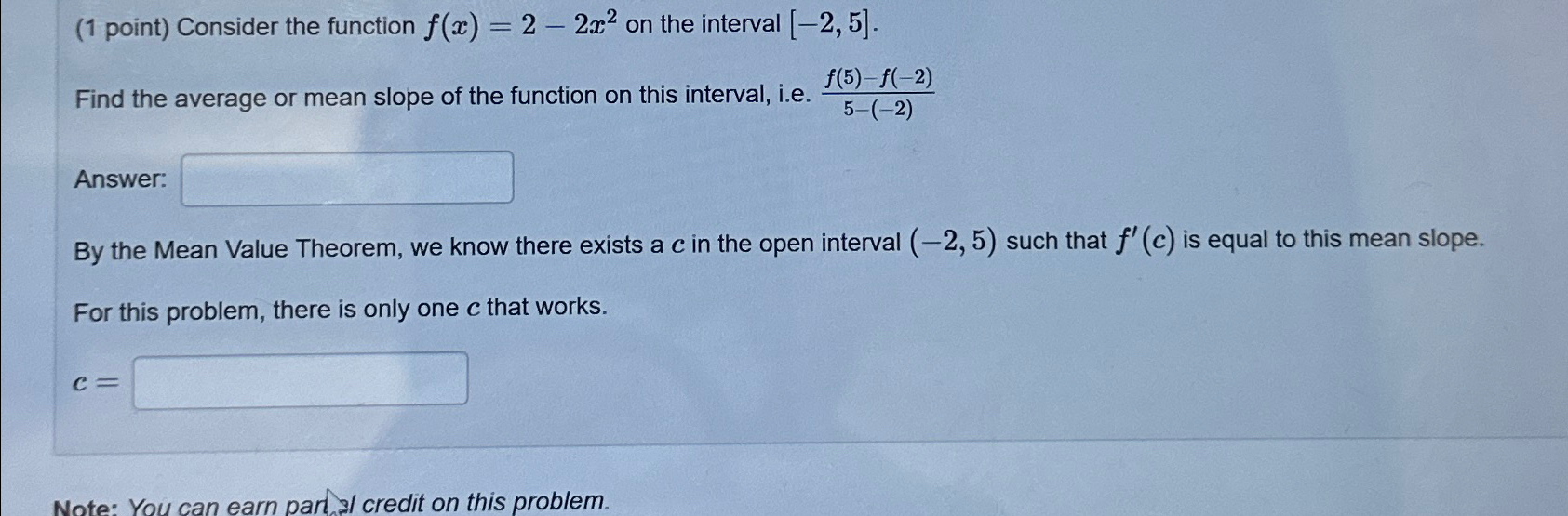 Solved (1 ﻿point) ﻿Consider the function f(x)=2-2x2 ﻿on the | Chegg.com