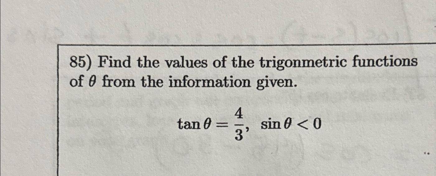 Solved Find the values of the trigonmetric functions of θ | Chegg.com