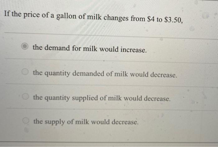 Solved If the price of a gallon of milk changes from $4 to | Chegg.com