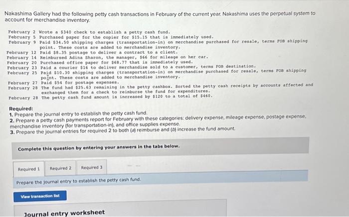 Solved Nakashima Gallery had the following petty cash | Chegg.com