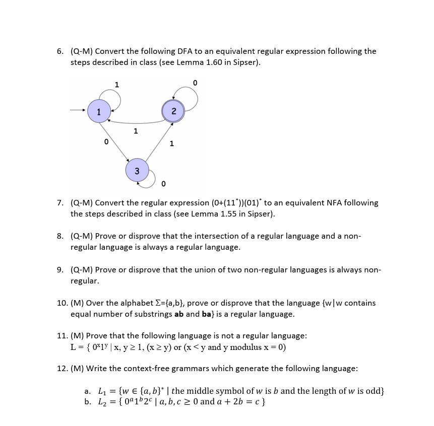 Solved (Q-M) ﻿Convert the following DFA to an equivalent | Chegg.com