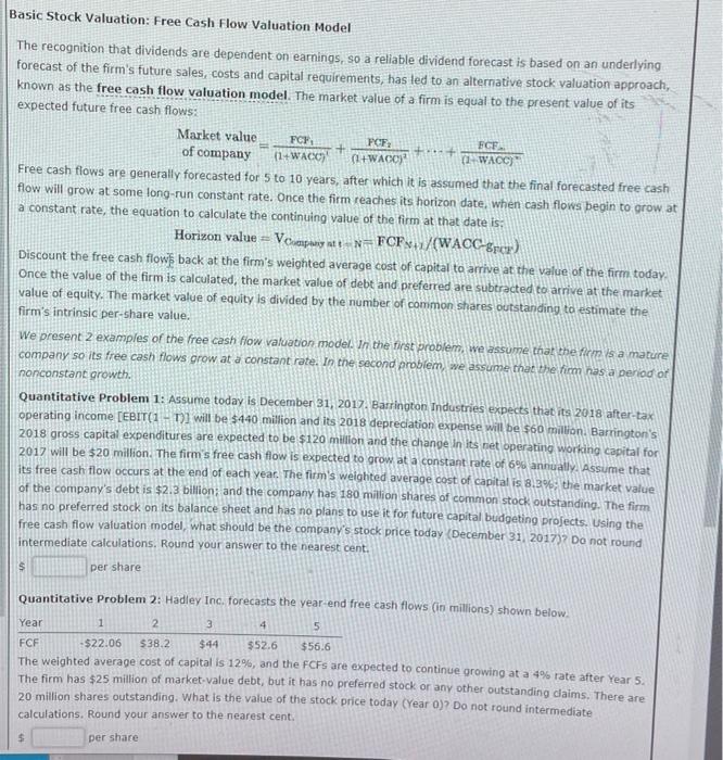 Solved Basic Stock Valuation: Free Cash Flow Valuation Model | Chegg.com