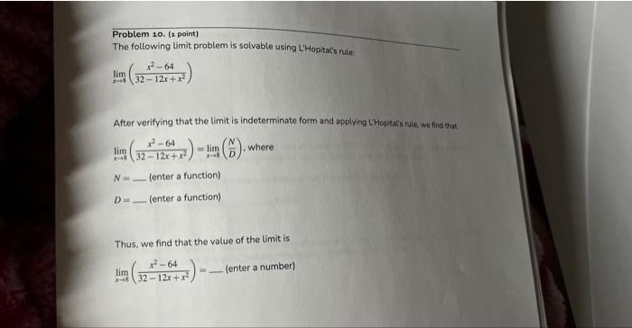 Solved Problem 10. (1 point) The following limit problem is | Chegg.com