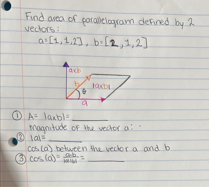 Solved Find area of parallelogram defined by 2 vectors: a = | Chegg.com