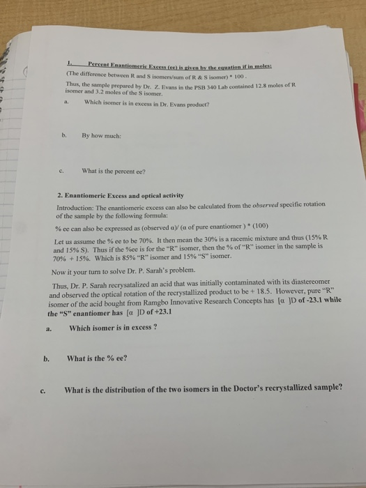 Solved 1 Percent Enantiomeric Exeess (ee) is eiven by the | Chegg.com