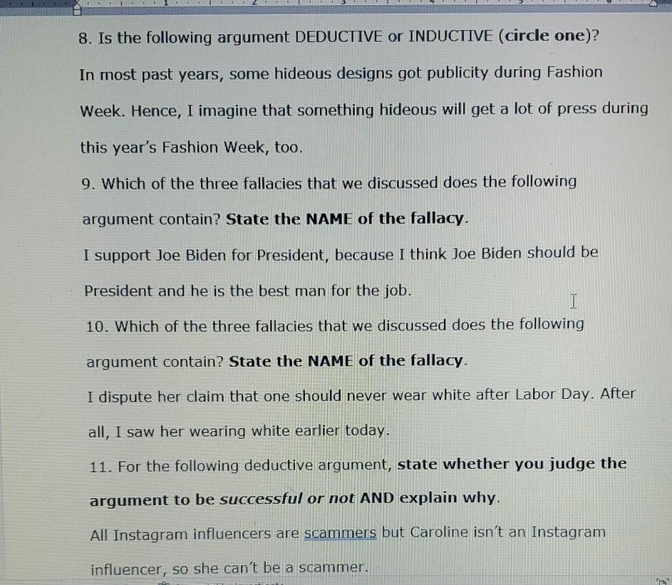 Solved 8. Is the following argument DEDUCTIVE or INDUCTIVE | Chegg.com