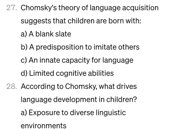 Solved Chomsky's theory of language acquisition suggests | Chegg.com