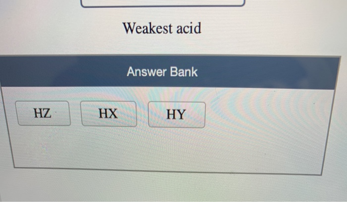 Solved Consider three generic acids: HX, HY, and HZ. 60 0906 | Chegg.com