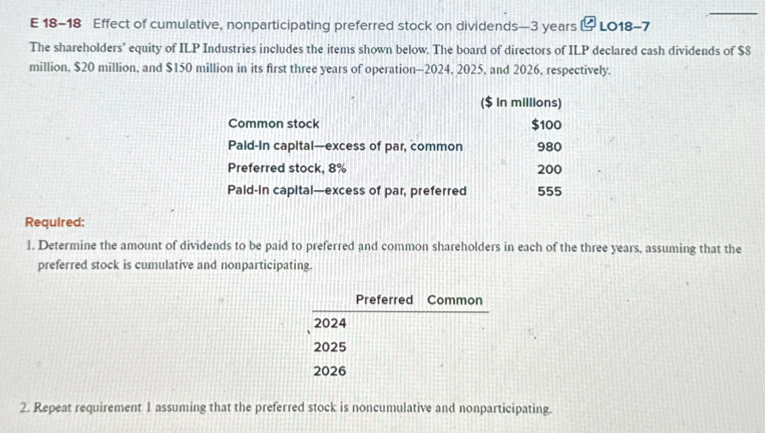 E 18-18 ﻿Effect of cumulative, nonparticipating | Chegg.com