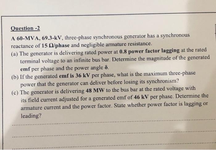 [solved] A 60 Mva 69 3 Kv Three Phase Synchronous Genera