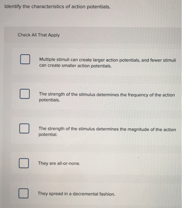 Solved Identify the characteristics of action potentials. | Chegg.com