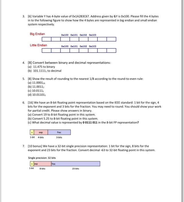 Solved [6] ﻿Variable Y ﻿has 4-byte value of 0x1A2B3C67. | Chegg.com