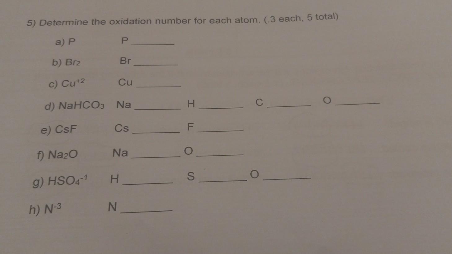 Solved 5) Determine the oxidation number for each atom. (.3 | Chegg.com