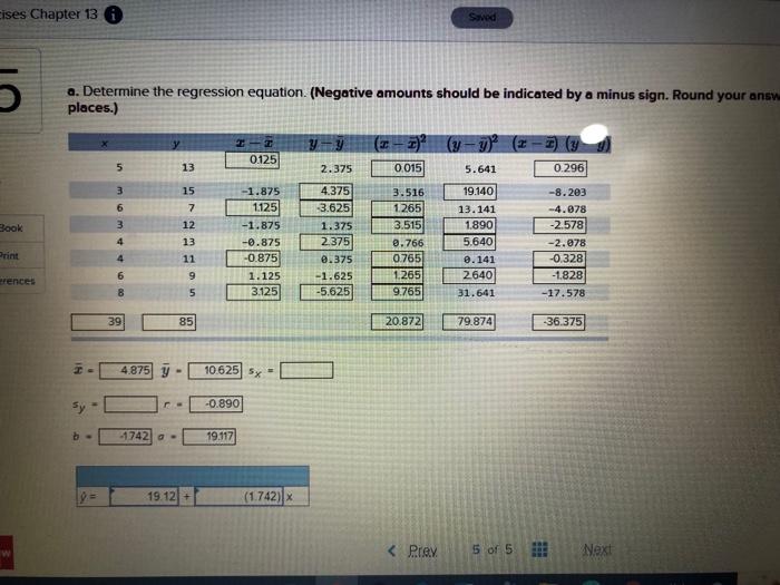 Solved ises Chapter 13 i Saved 5 a. Determine the regression | Chegg.com