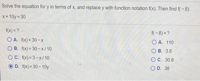 Solved Solve the equation for y in terms of x, and replace y | Chegg.com