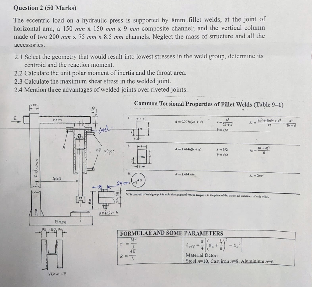 Solved Question 2 (50 ﻿Marks)The eccentric load on a | Chegg.com