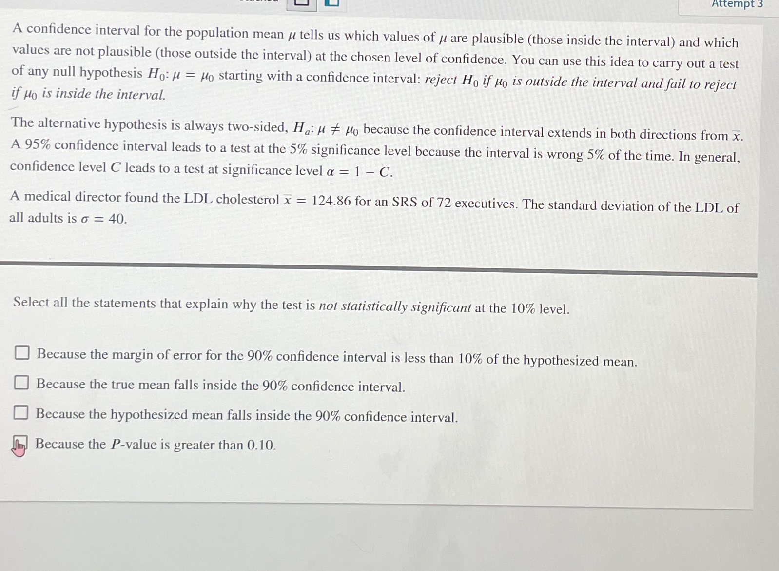 Solved Attempt 3A confidence interval for the population | Chegg.com
