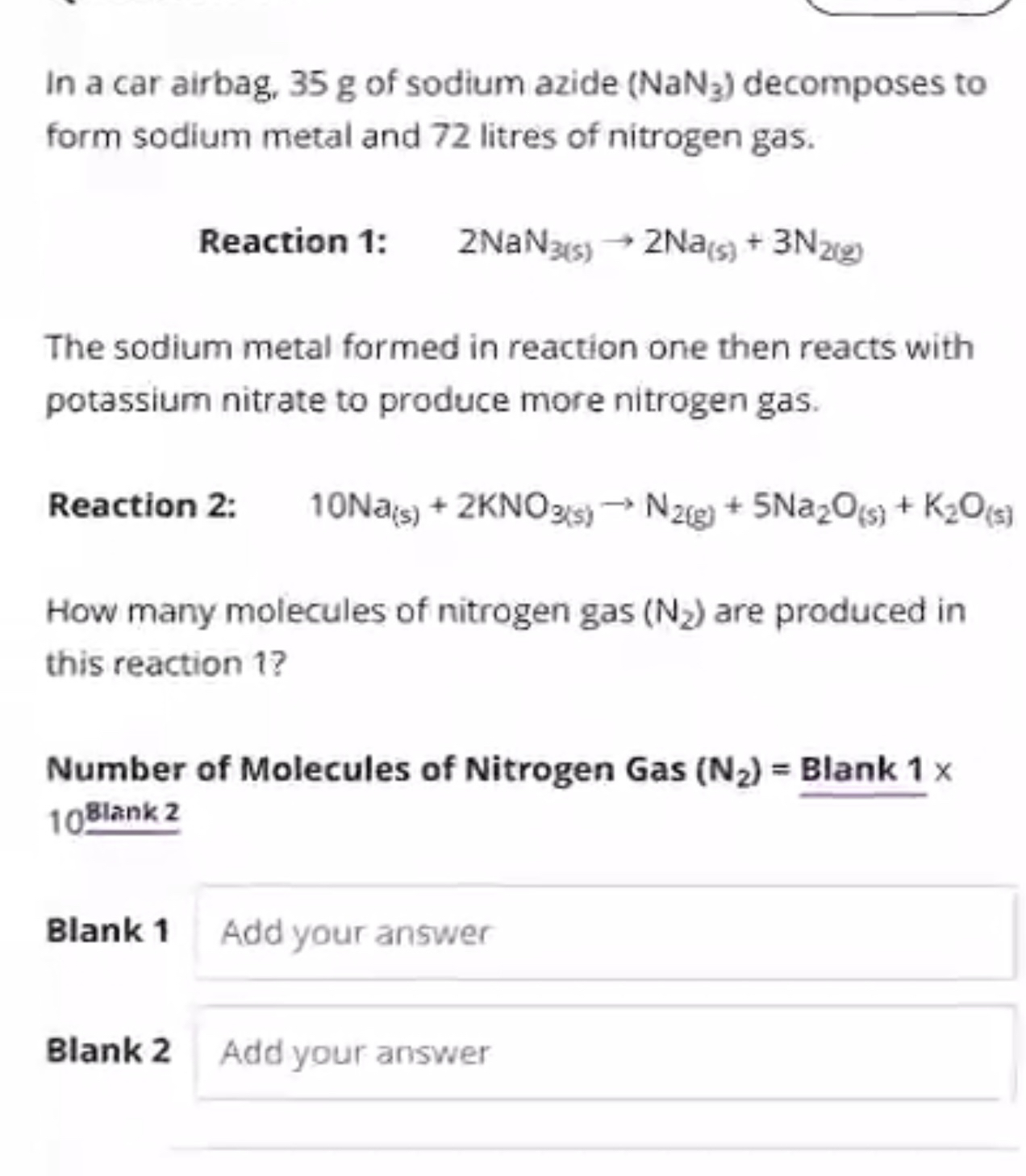 Solved In a car airbag, 35 ﻿g of sodium azide ( NaN3 ) | Chegg.com