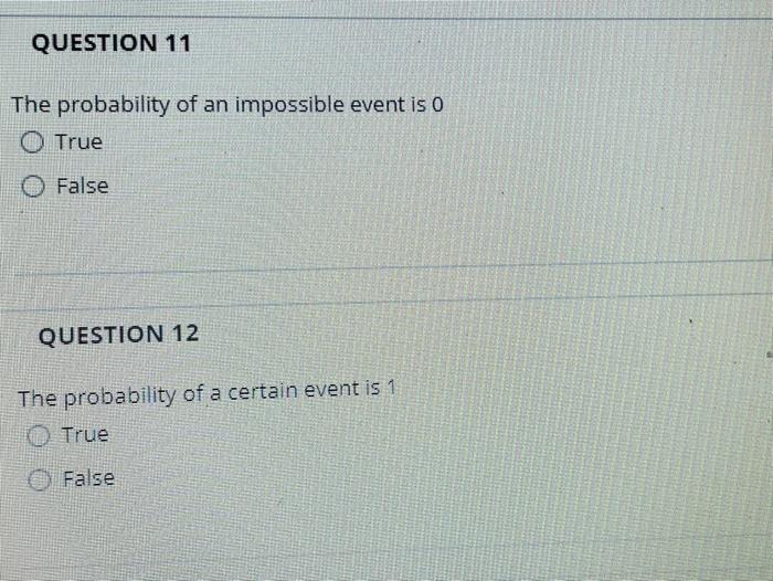 Solved QUESTION 11 The probability of an impossible event is | Chegg.com