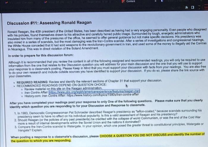 Content Discussion #11: Assessing Ronald Reagan | Chegg.com