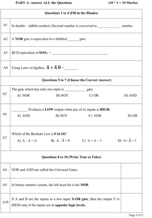 Solved PART A: Answer ALL the Questions (10 * 1 - 10 Marks) | Chegg.com