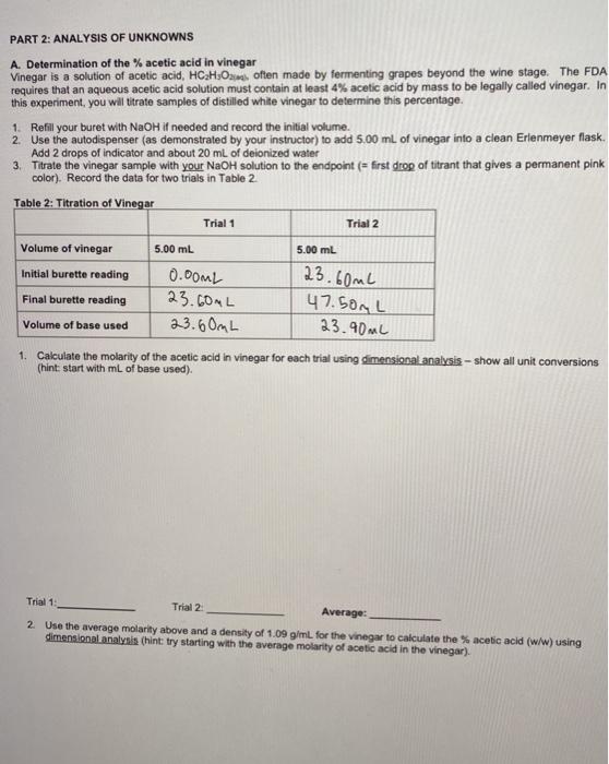 Solved Table 1: Standardization Data Trial 1 Trial 2 44979 | Chegg.com