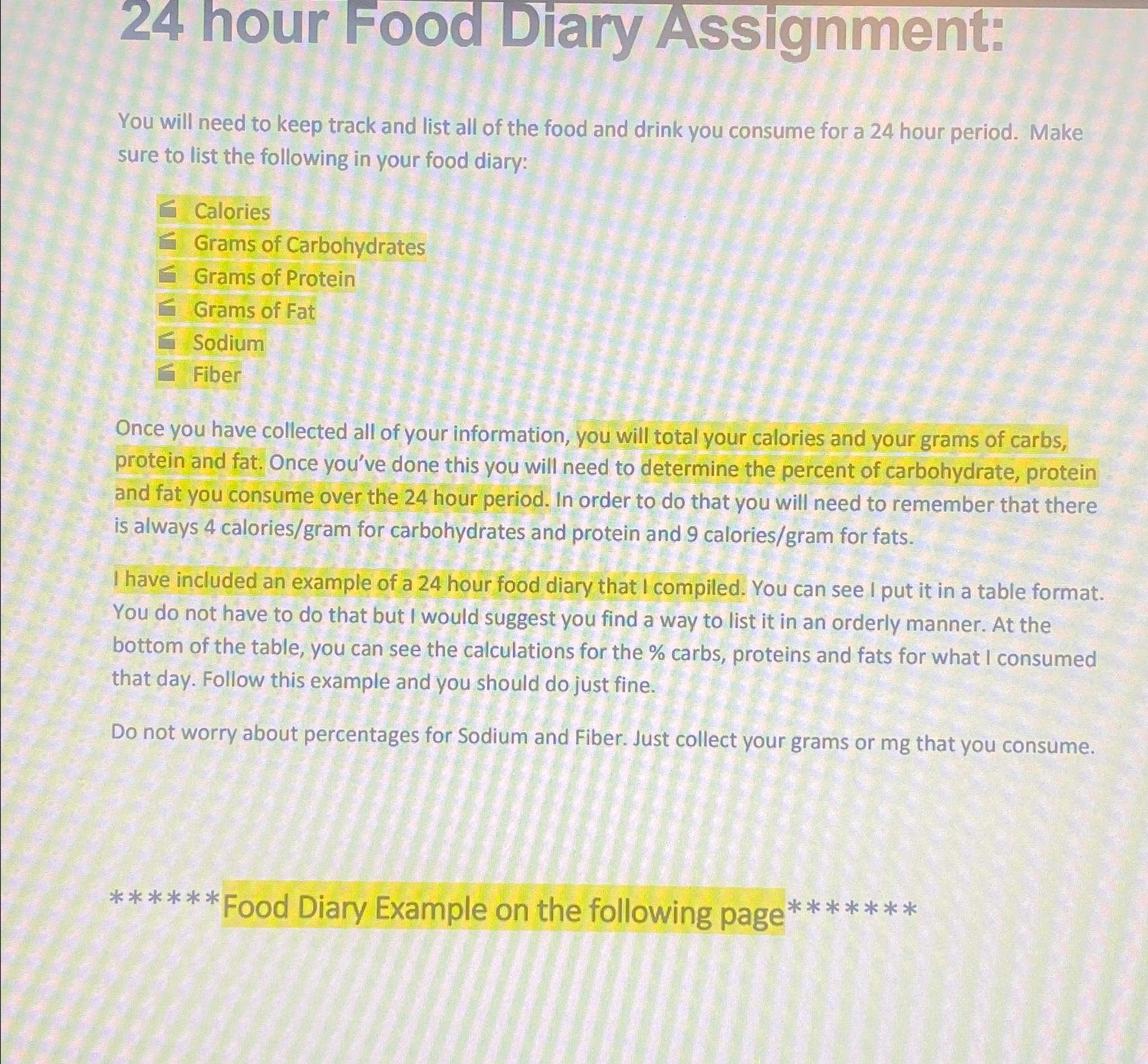 Solved 24 ﻿hour Food Diary Assignment:You will need to keep | Chegg.com