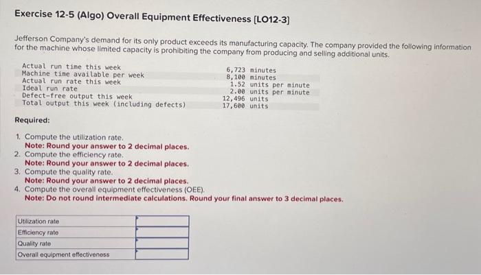 Solved Exercise 12-5 (Algo) Overall Equipment Effectiveness | Chegg.com