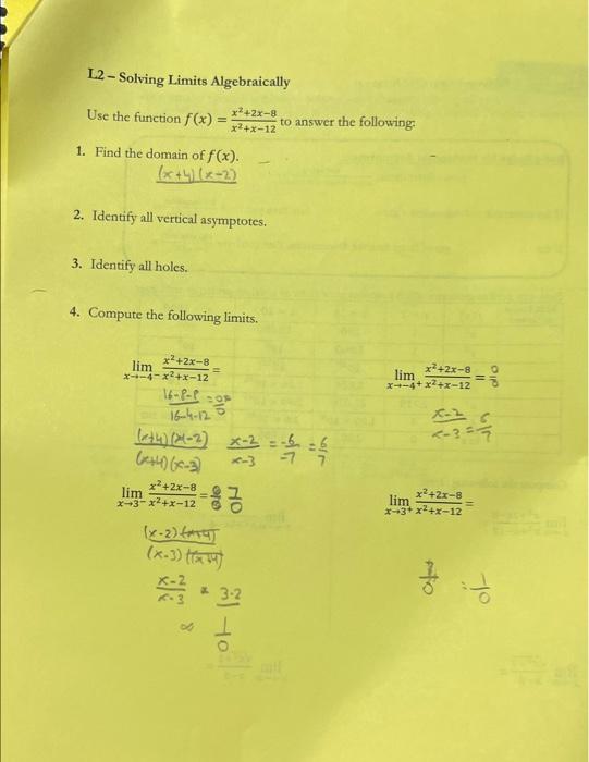 Solved L.2-Solving Limits Algebraically Use the function | Chegg.com