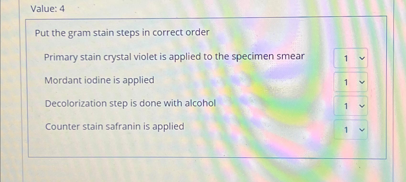 Solved Value: 4Put the gram stain steps in correct | Chegg.com